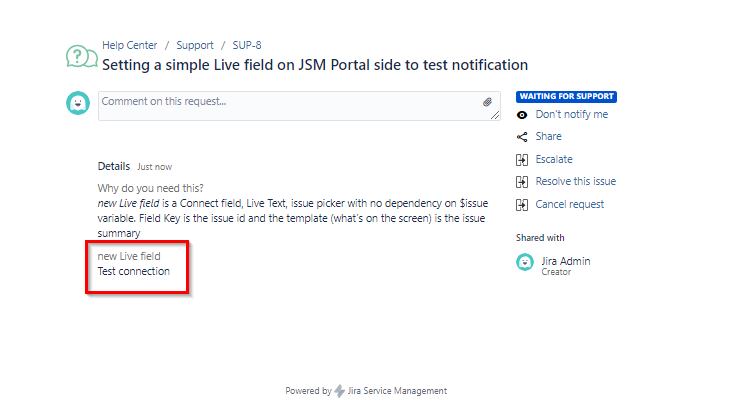 Jira Service Management notifications show Elements Connect field Key with JSON tags